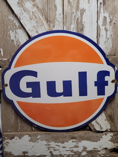 VINTAGE GULF DEALER SIGN 30" GAS STATION GARAGE MOTOR OIL SERVICE ...