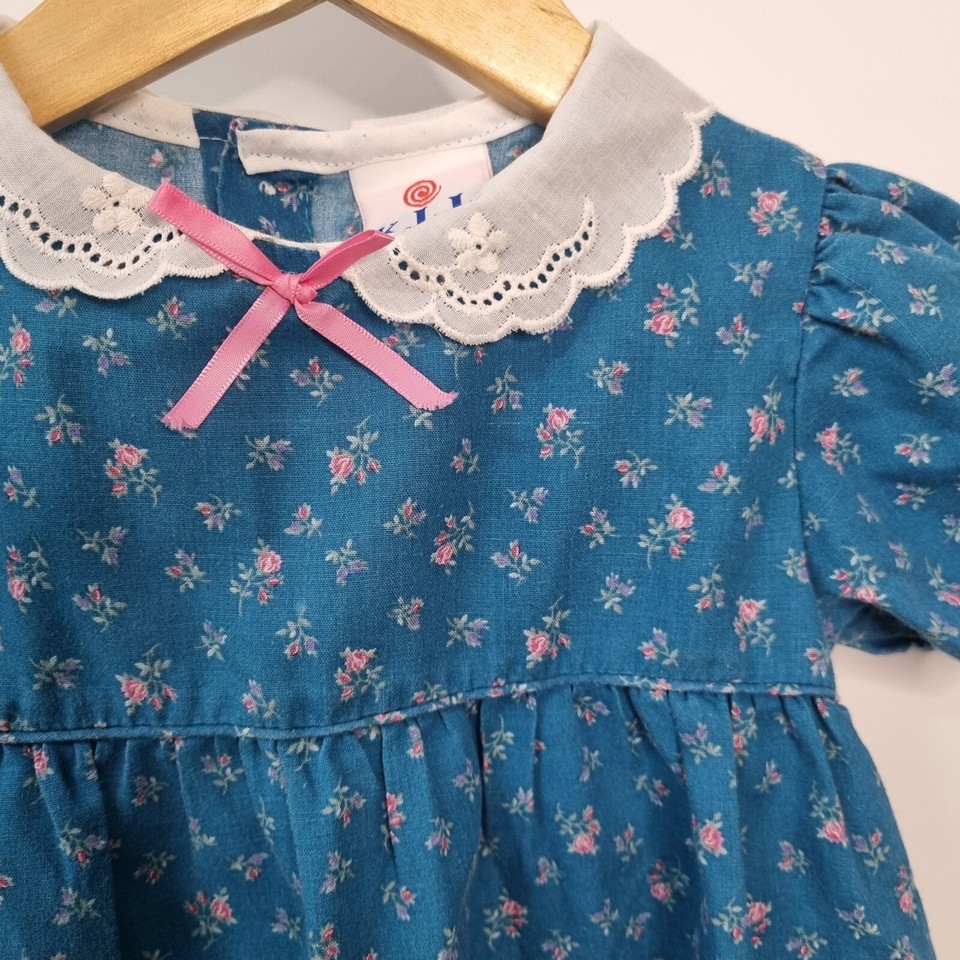 VTG K.L.L. Cottagecore Lace Bib Collar Dress Floral Teal Pink Puff ...