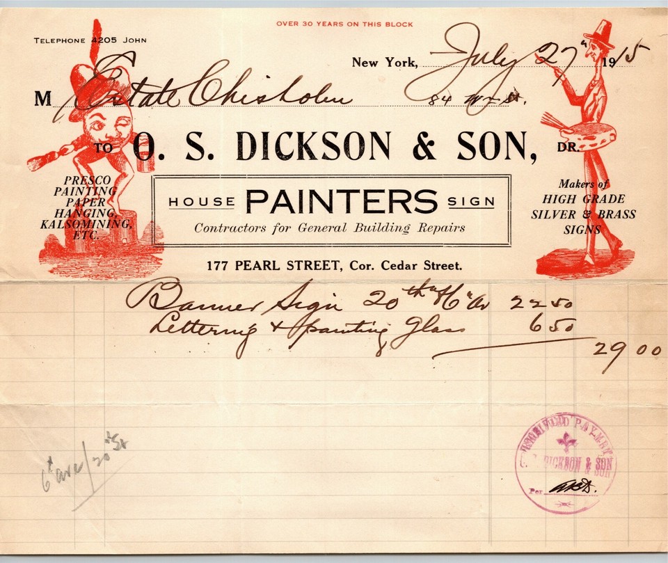 1915 "O. S. Dickson & Son Painter" House Sign Billhead Letterhead Pearl ...