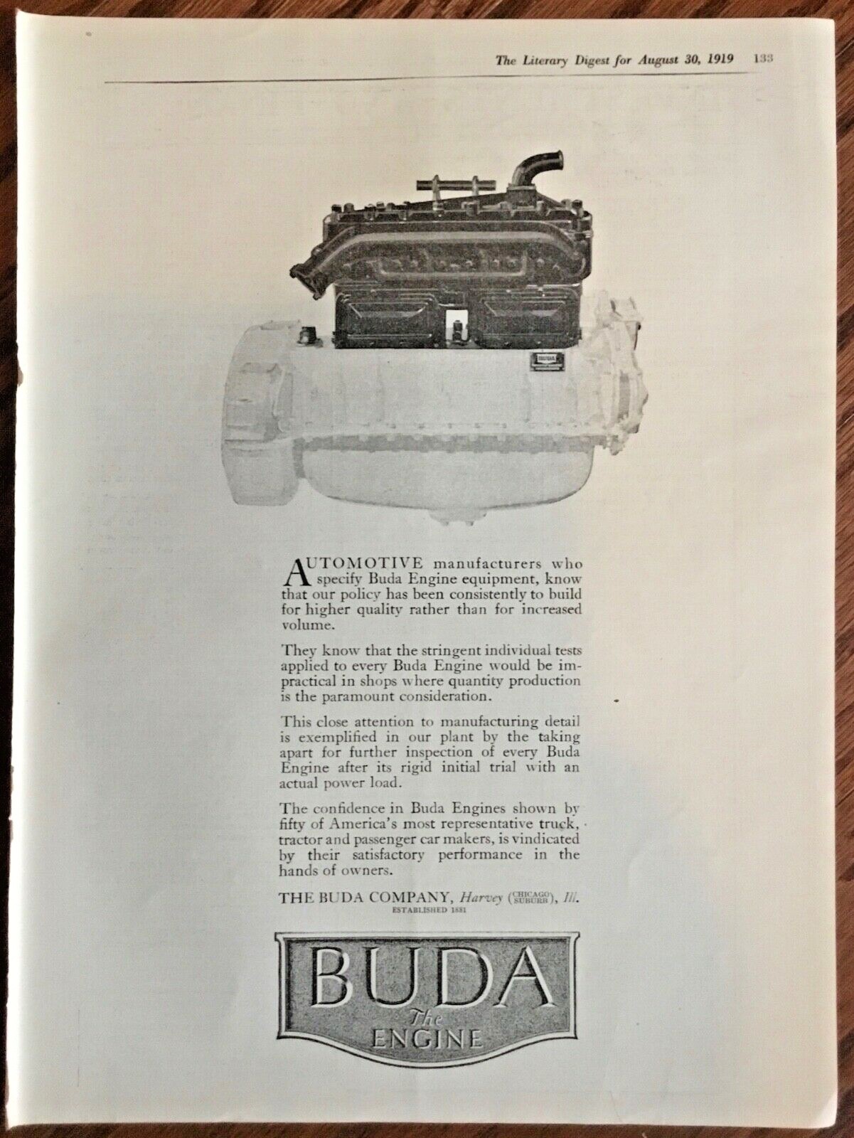 Buda car engine ad 1919 original vintage 1920s era print retro art auto ...