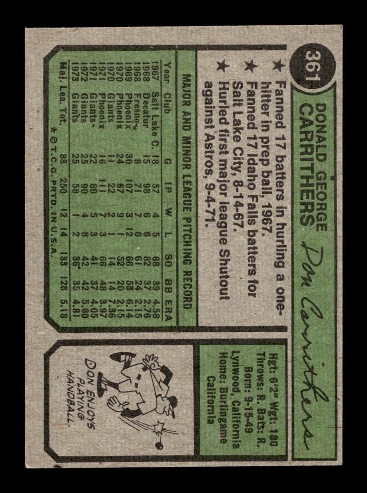 1974 Topps #361 Don Carrithers San Francisco Giants EX+ Baseball Card ...