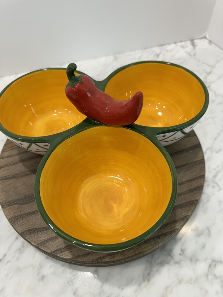 Clay Art Chili Peppers Salsa Dip 3 Part Condiment Server w/ Pepper ...
