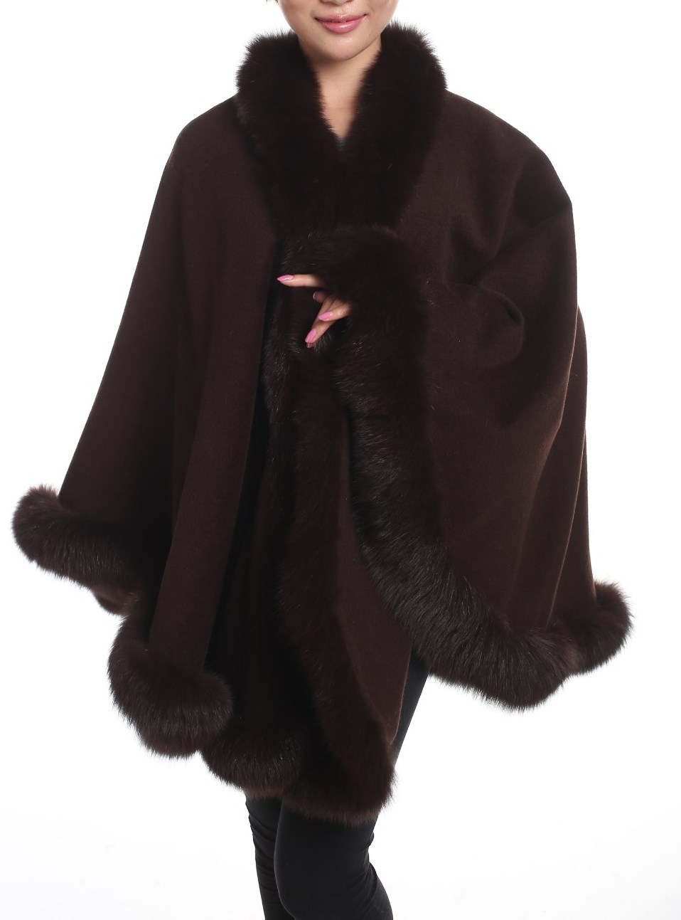 Brown Cashmere Cape Wrap Shawl with Fox Fur Trim New | eBay