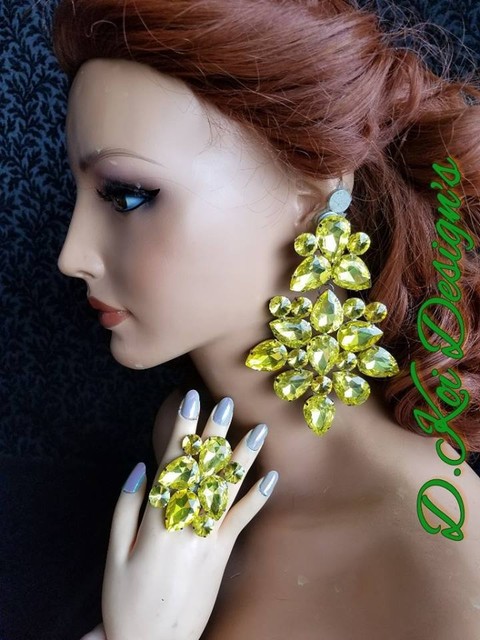 Drag queen jewelry yellow citrine gaudy rupal earring and ring button ...