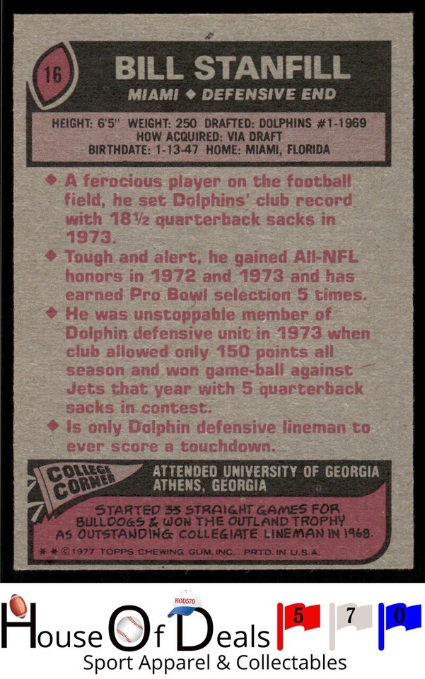 1977 Topps #16 Bill Stanfill Miami Dolphins Football Card | eBay