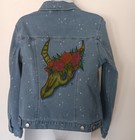Stretch Denim Jean Jacket With Hand Painted Cow Skull and Roses Women M ...
