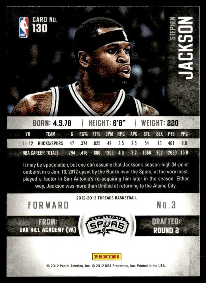 2012-13 Panini Threads Stephen Jackson San Antonio Spurs #130 | eBay