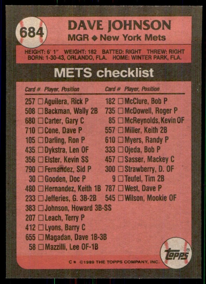 1989 Topps Dave Johnson Baseball Cards #684 | eBay