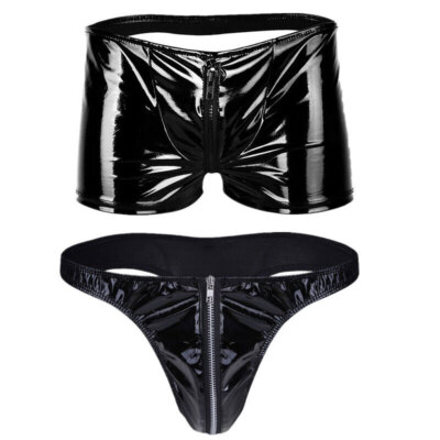 Mens PVC Leather Shorts Zipper Bulge Pouch Hot Pants Open Butt Boxer ...