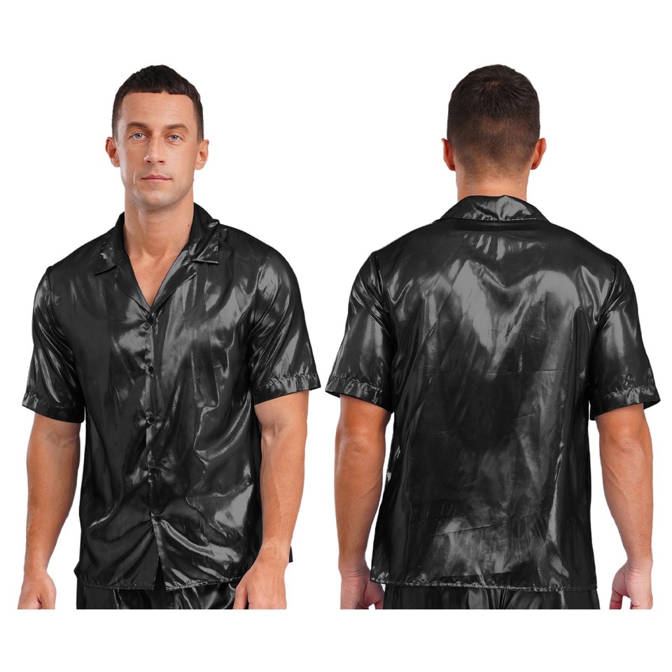 UK Mens Shiny Metallic Shortsleeve Button Up Party Shirts Nightclub ...