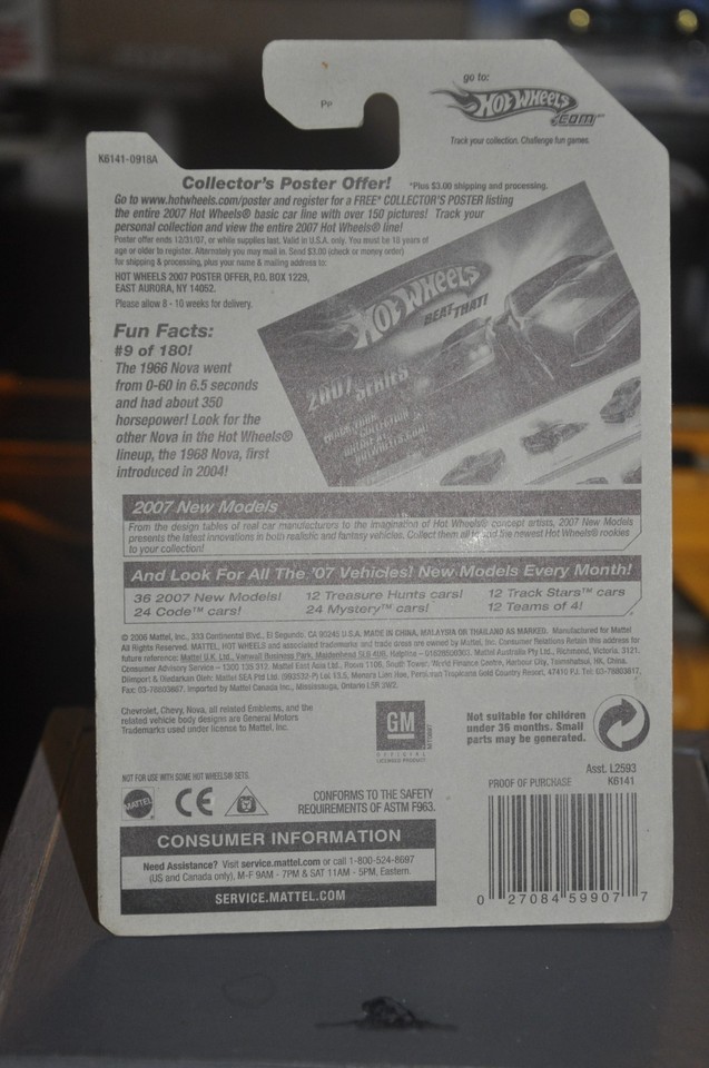 HOT WHEELS 20O7 NEW MODELS #9/36 '66 CHEVY NOVA BLUE/WHITE INT. MONMC ...