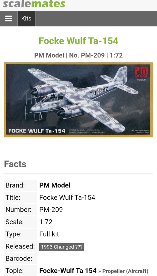 1993 PM Model German Focke Wulf Ta-154 1/72 Scale Kit #PM-209 New ...
