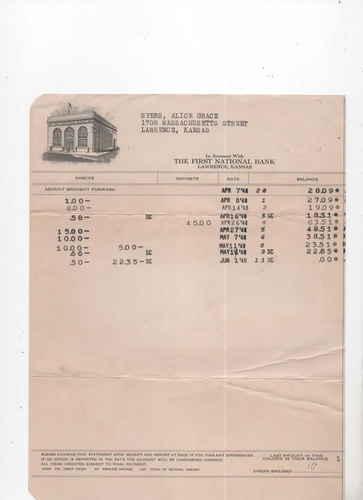 1948 Lawrence Kansas First National Bank Checks Deposit Slips Statement ...