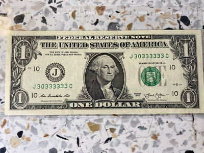 One dollar Bill Serial Number J30333333C | eBay