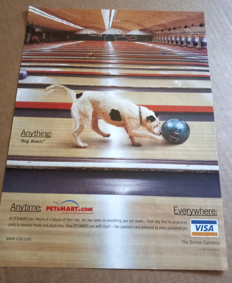 2001 print ad - VISA credit card Cute dog bowling Petsmart vintage ...