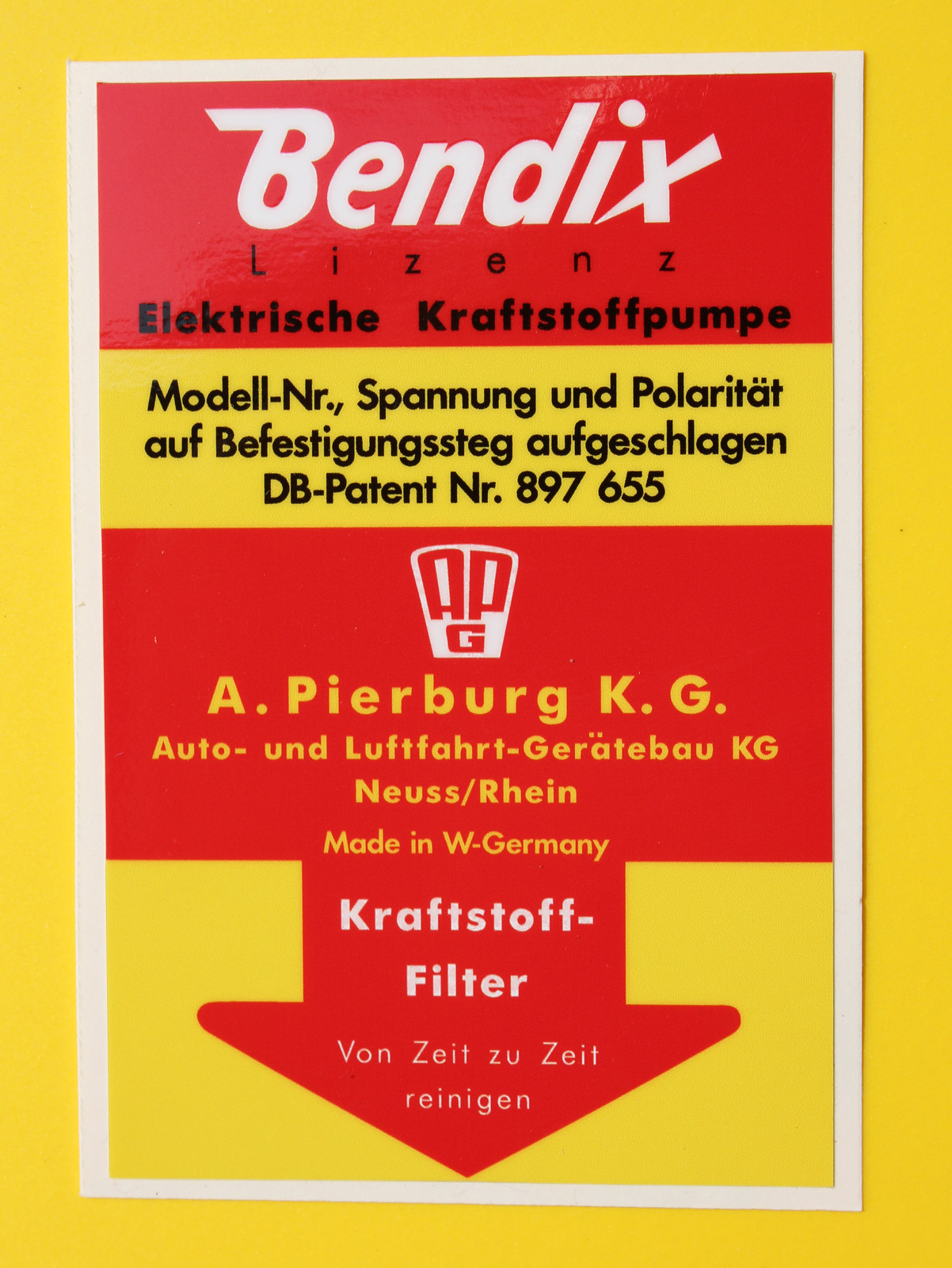 BENDIX Vintage Fuel Pump Sticker Decal, to fit early PORSCHE 911, 356 ...
