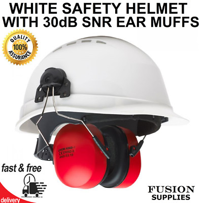 SAFETY HELMET WITH EAR MUFFS,CONSTRUCTION, BUILDERS, SITE, WHITE, EAR ...