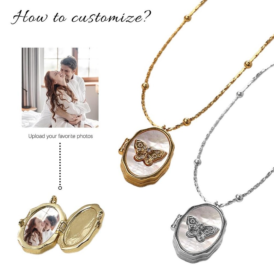 Personalized Photo Locket Necklace Heart Butterfly Double Sided Photo ...
