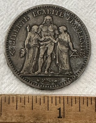 ANTIQUE 1877 A HERCULES 5 FRANC COIN STERLING SILVER FRENCH FRANCE 25 ...
