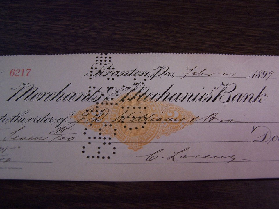 ANTIQUE - MERCHANTS & MECHANICS BANK CHECK - J.D. WILLLIAMS BAKERY 1899 ...