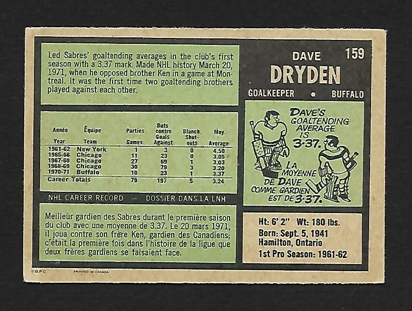 1971/72 O-Pee-Chee - DAVE DRYDEN - Vintage 3rd Year card# 159 - BUFFALO ...