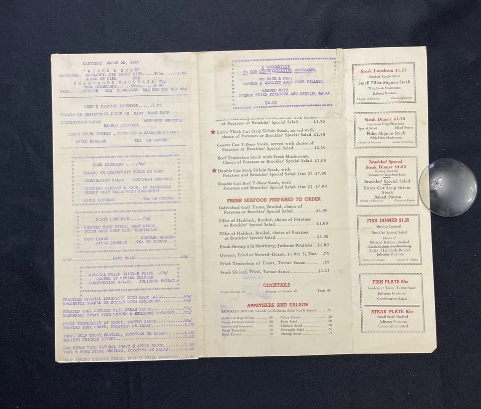 1947 Restaurant Menu BROCKLES CLUB CAFE Dallas Texas | eBay