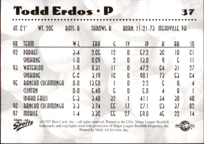 1997 Double-A All-Stars Multi-Ad #37 Todd Erdos Meadville Pennsylvania ...