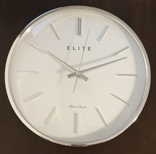 ELITE SILENT QUARTZ Large 33 cm White & Silver Tone Wall Clock Battery ...