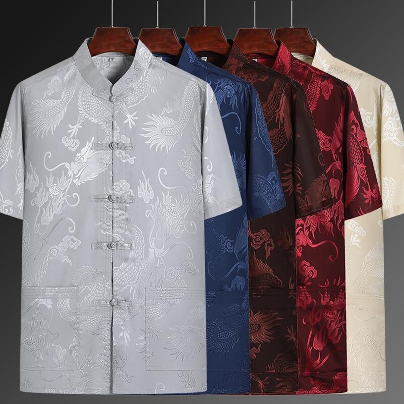 Men Short Sleeve Traditional Chinese Tang Tops Kung Fu Tai Chi Clothes ...