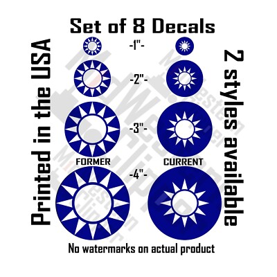 8 China roundel WW2 decals 2x1"+2"+3"+4" stickers. ROC Taiwan Chinese ...