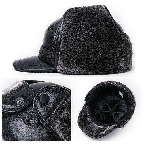 Men's Genuine Leather Winter Warm Trapper Warm Hat Baseball Cap Outdoor ...