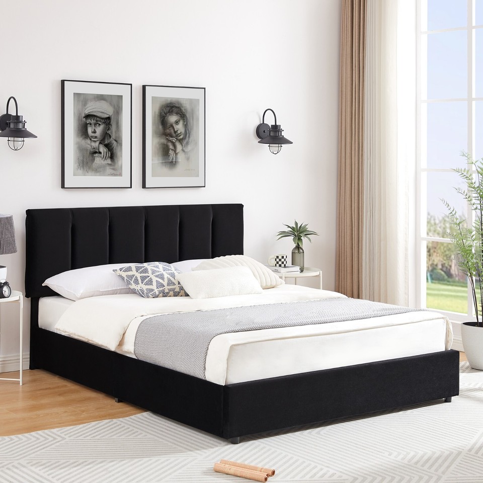 VECELO Upholstered Queen Full Bed Frame w/ 4 Storage Drawer Wooden Slat ...