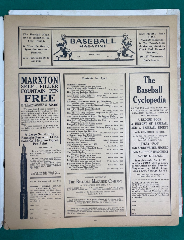RARE Vintage April 1933 "Baseball Magazine" Dale Alexander on Cover EXC ...