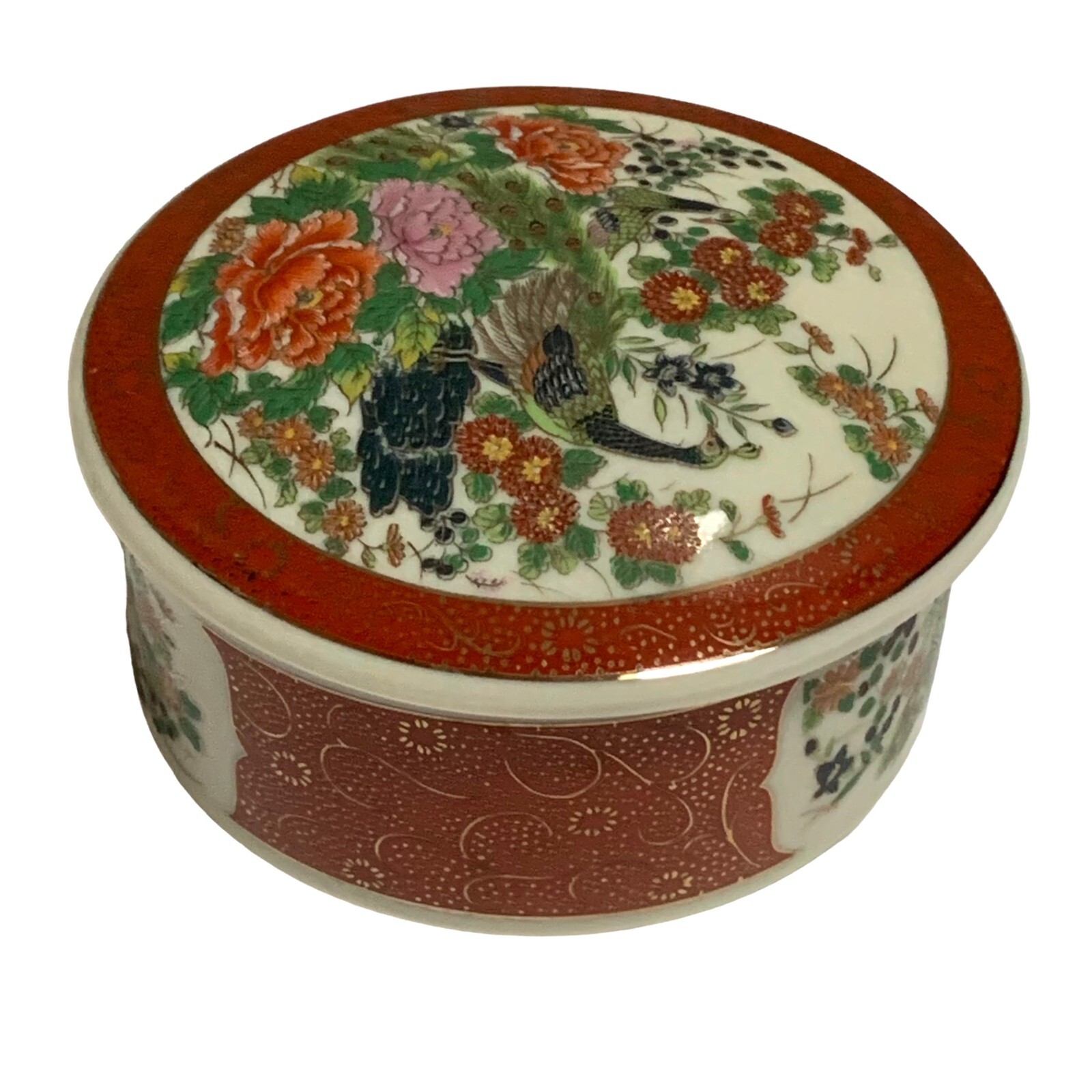 Satsuma Japan Peacock Floral Trinket Dish Keepsake Box Round Lidded ...