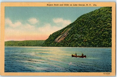 Postcard N.Y. Lake George Rogers Rock and Slide Canoe on Lake Linen ...