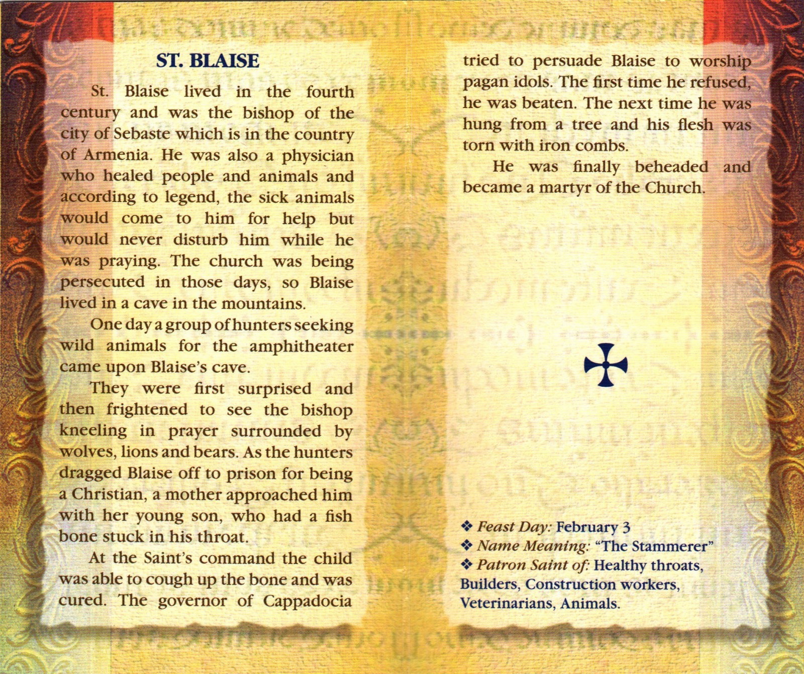 Saint St. Blaise - Biography, prayer, Feast Day, etc... Folder Card | eBay