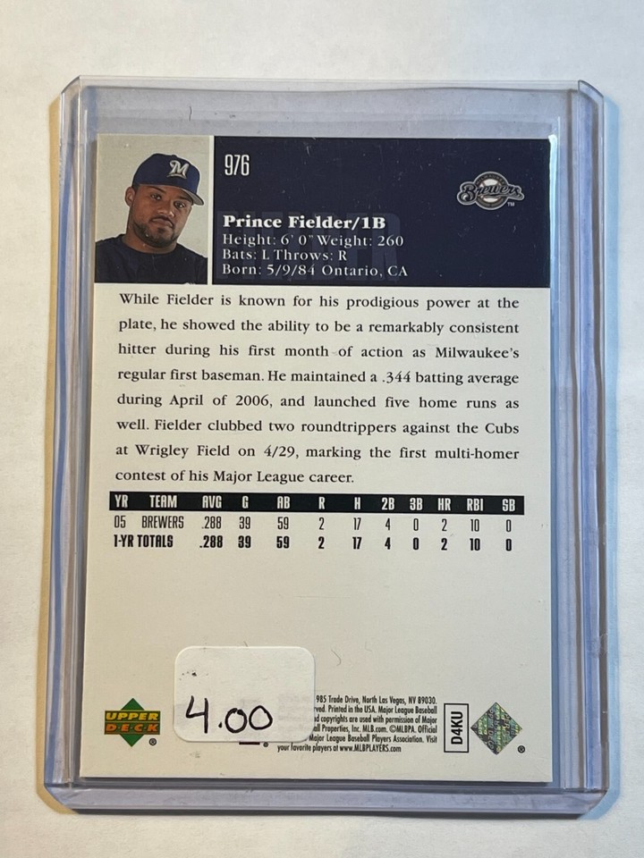 Prince Fielder 2006 Upper Deck Rookie Card RC #976 Milwaukee Brewers | eBay