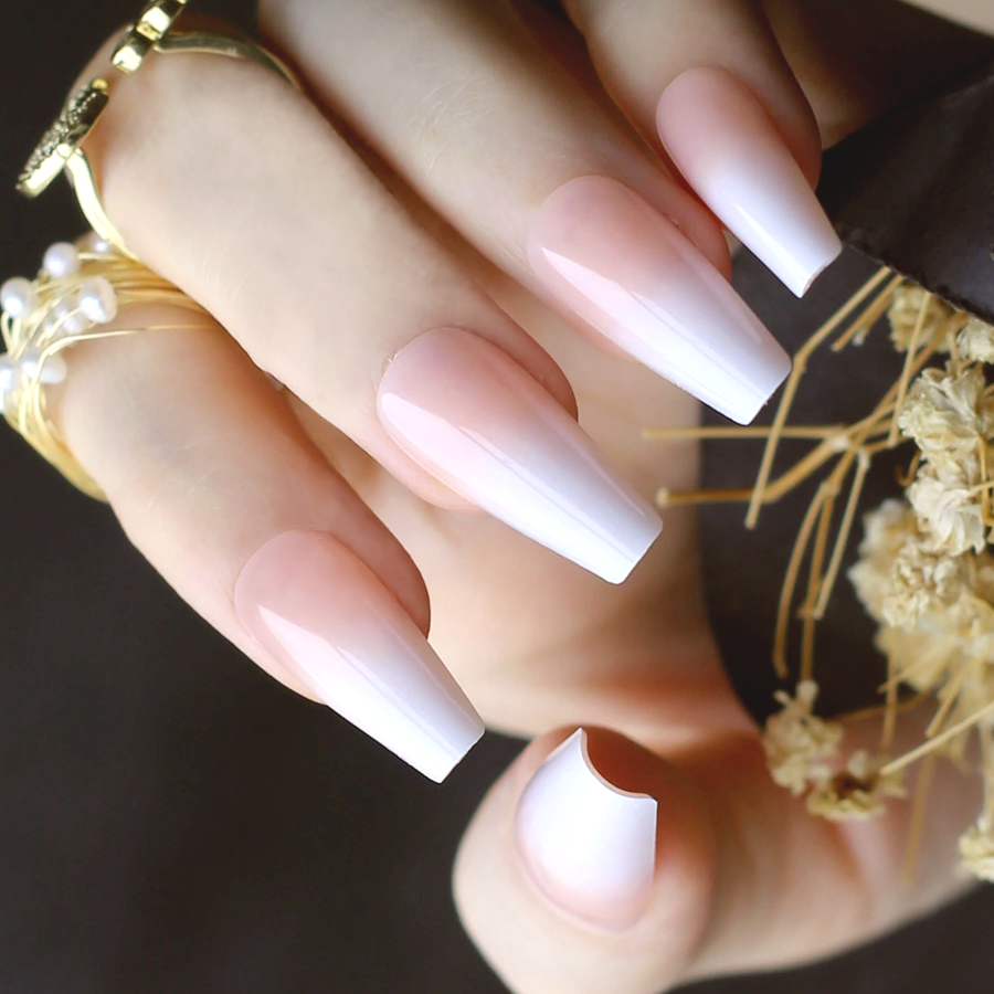 MEDIUM COFFIN *FRENCH MANI BLEND* Full Cover 24 Nail Tips Press On Glue ...