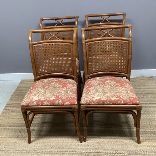 4 Vintage Faux Bamboo Cane Back Dining Room Chairs Red Toile Fabric ...