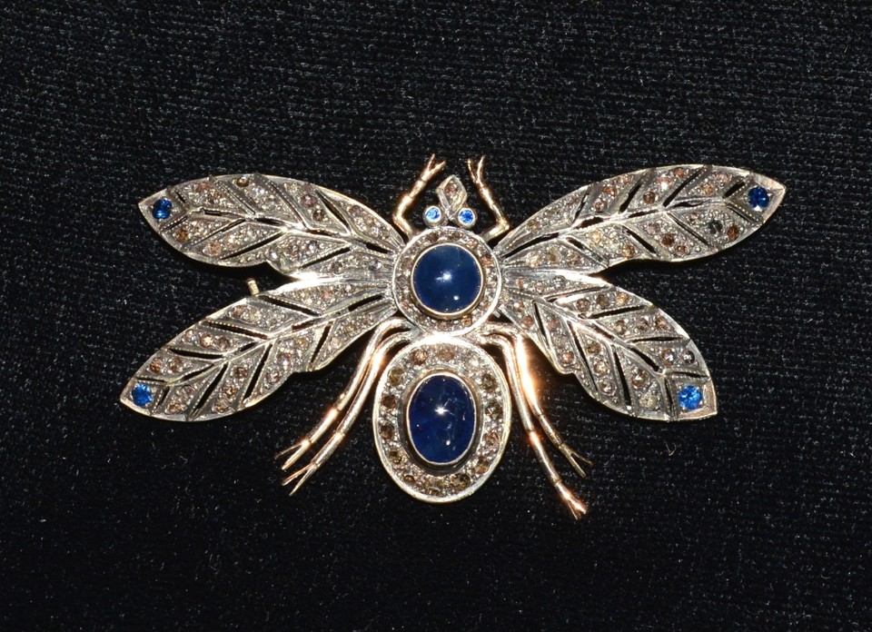 VINTAGE 14KT 12 CARATS NO HEAT BURMA BLUE SAPPHIRE DIAMOND WASP BROOCH ...
