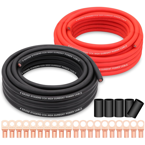 4 Gauge Wire Copper Clad Aluminum CCA 50FT Black/Red with 4Ga Lugs and ...