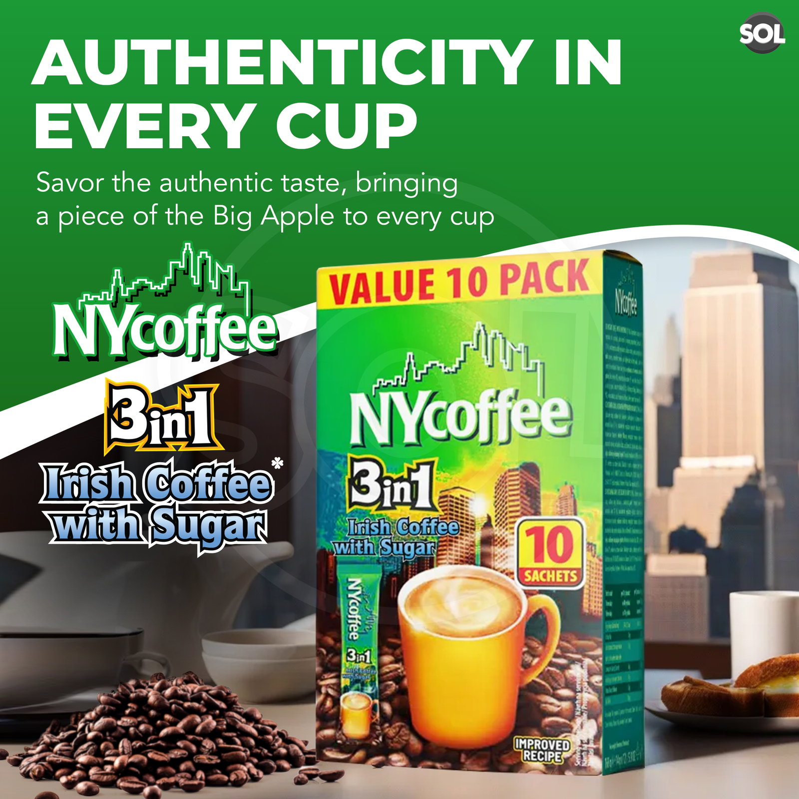 NY Coffee 3 in 1 Irish 100 Sachets Sticks 10x10pk Instant White With ...
