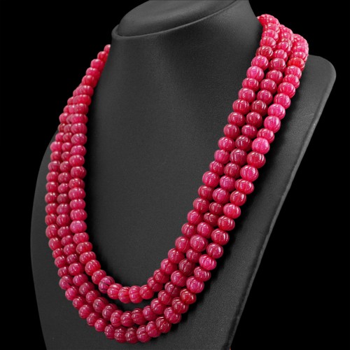 897.00 CTS ENHANCED RUBY 3 LINE ROUND SHAPE CARVED BEADS NECKLACE (DG ...