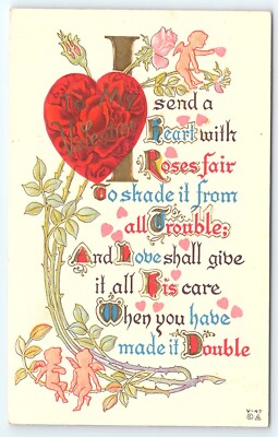 Postcard Cherubs Roses Red Heart I Send a Heart with Roses Fair Poem ...
