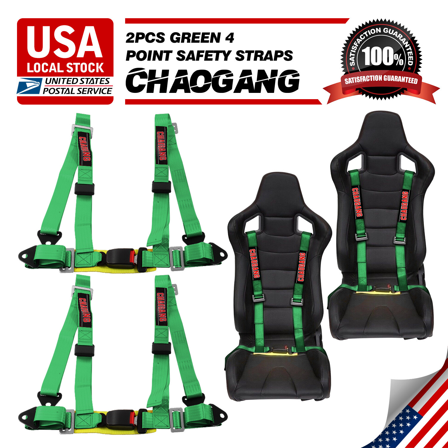 2X CHAOGANG UNIVERSAL GREEN 4 POINT BUCKLE RACING SEAT BELT HARNESS ...