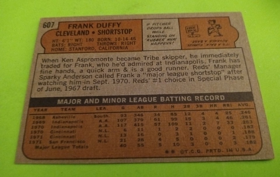 1972 Frank Duffy Topps MLB Baseball Card #607 Cleveland Indians - EX | eBay