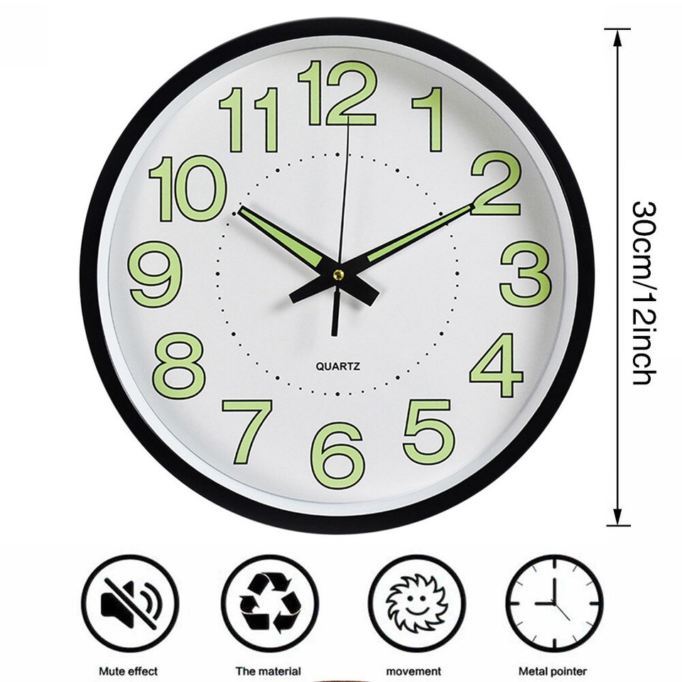 12inch Standard Round Wall Clock Digital Quartz Luminous Clocks Glow In ...