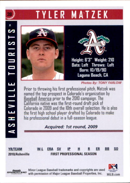 2010 Asheville Tourists Grandstand #14 Tyler Matzek Laguna Beach ...