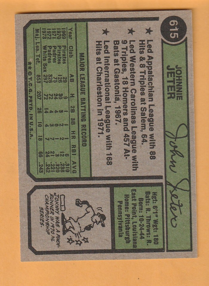 Johnny Jeter Chicago White Sox 1974 Topps #615 East Point Louisiana 2E ...