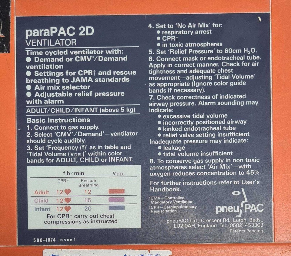 PneuPAC paraPAC 2D VENTILATOR Ambulance / Transport **AS IS | eBay